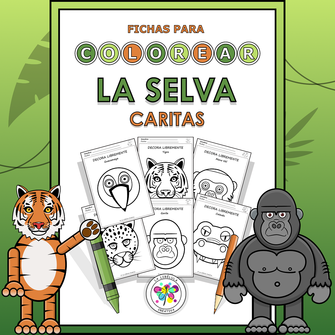 Spanish Worksheets Coloring Jungle Animals Faces Colorear Selva Caras ...