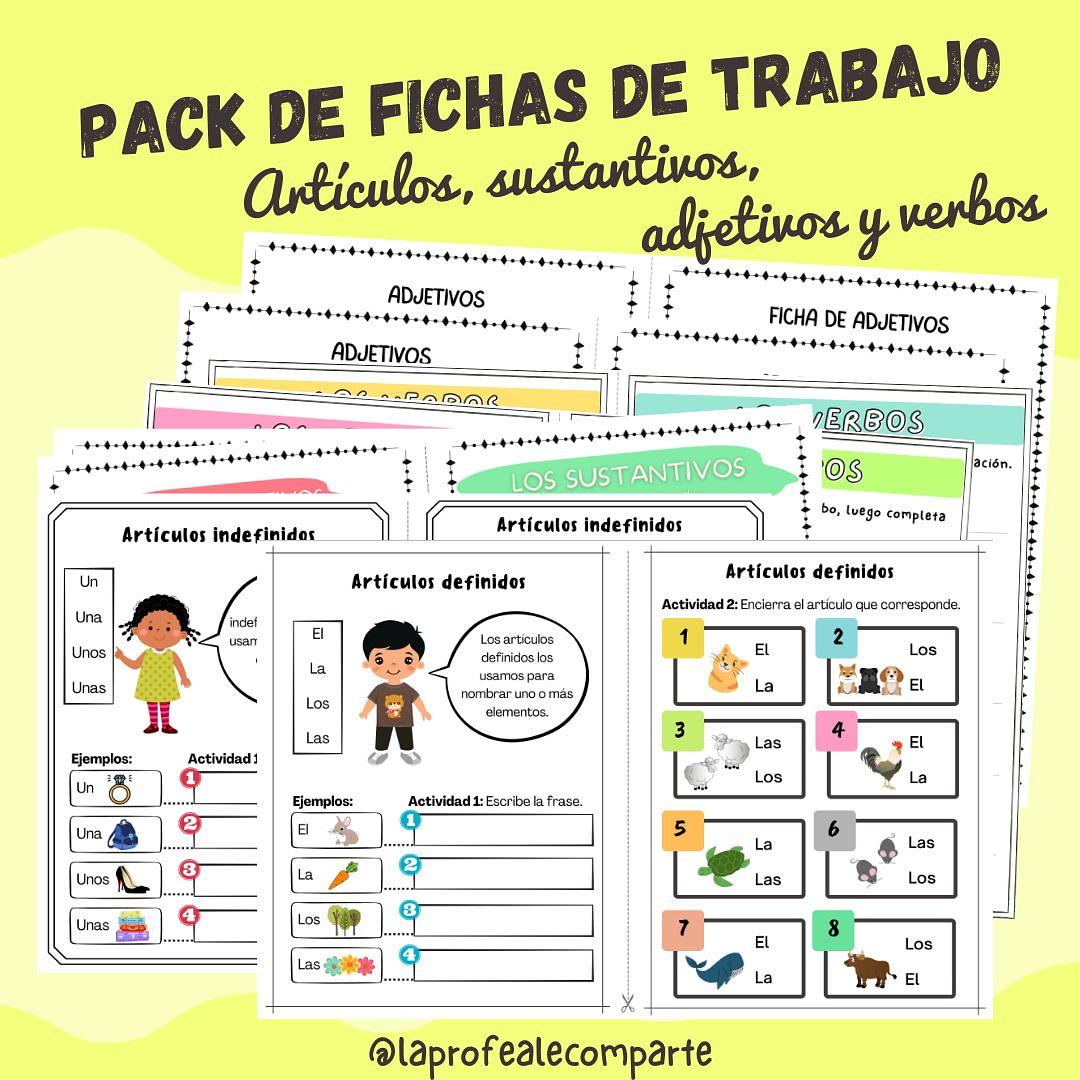 Pack fichas de artículos, sustantivos, adjetivos y verbos ...